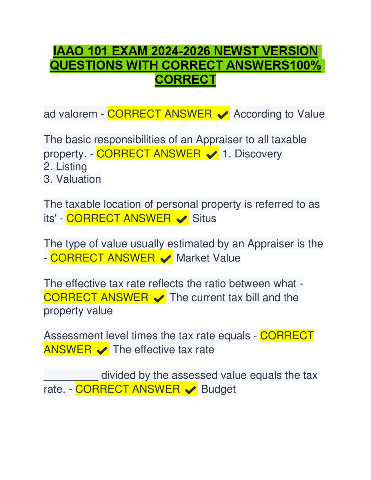 IAAO_101_EXAM_2024_2026_NEWST_VERSION_QUESTIO | Exams Nursing | Docsity
