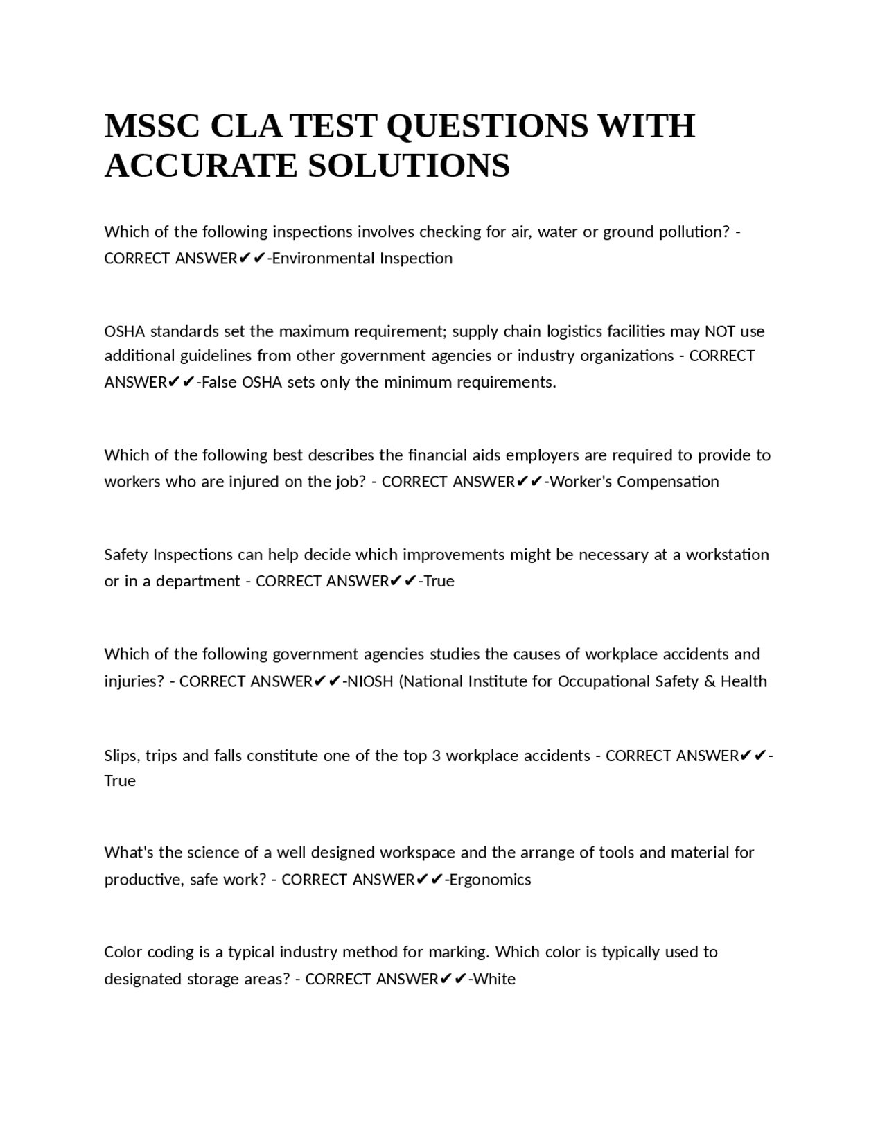 MSSC CLA TEST QUESTIONS WITH ACCURATE SOLUTIONS. | Exams Security ...