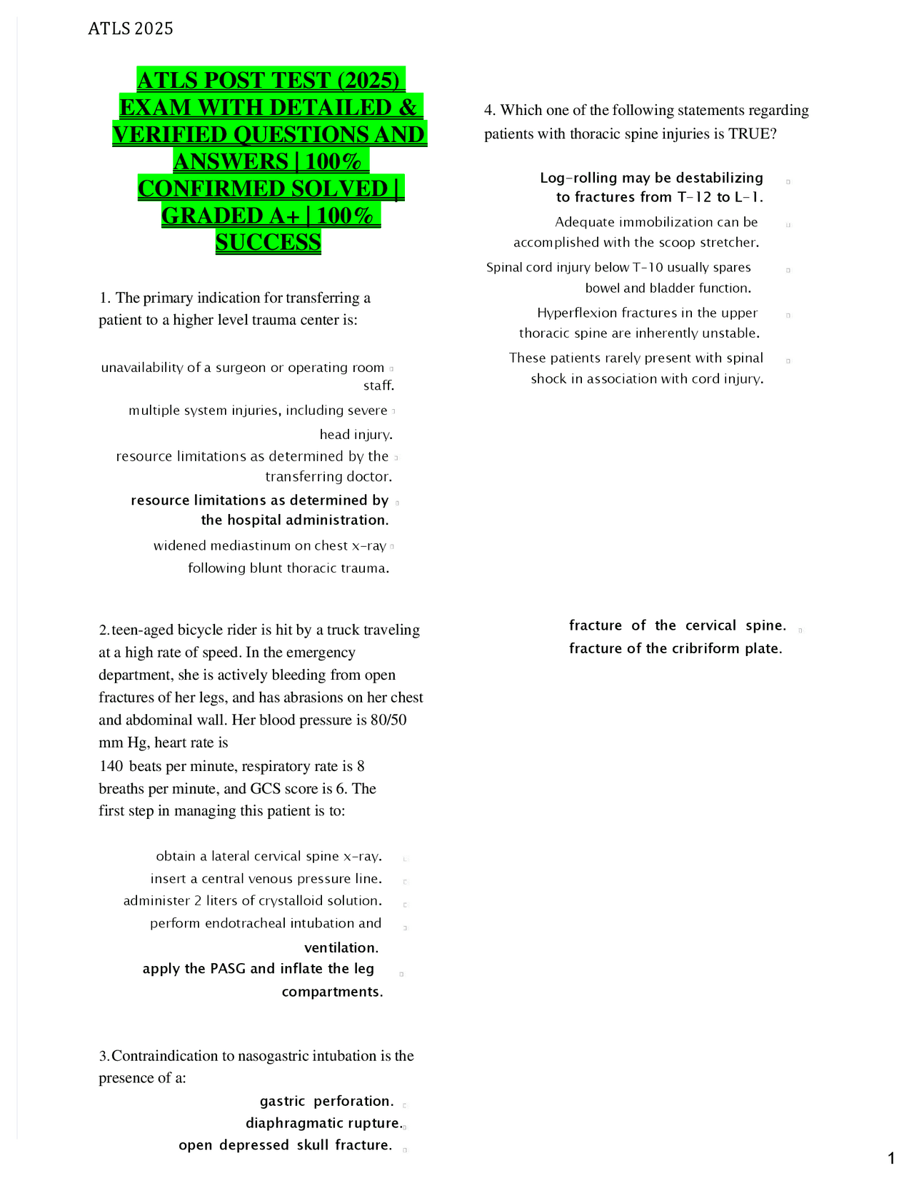 ATLS POST TEST (2025) EXAM WITH DETAILED & VERIFIED QUESTIONS AND ...