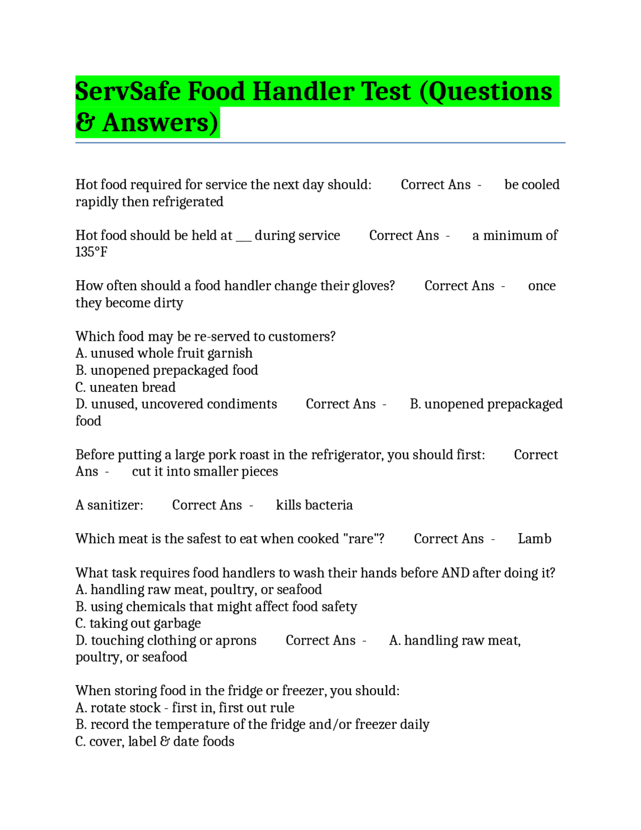 ServSafe Food Handler Practice Test: Questions and Answers | Exams ...