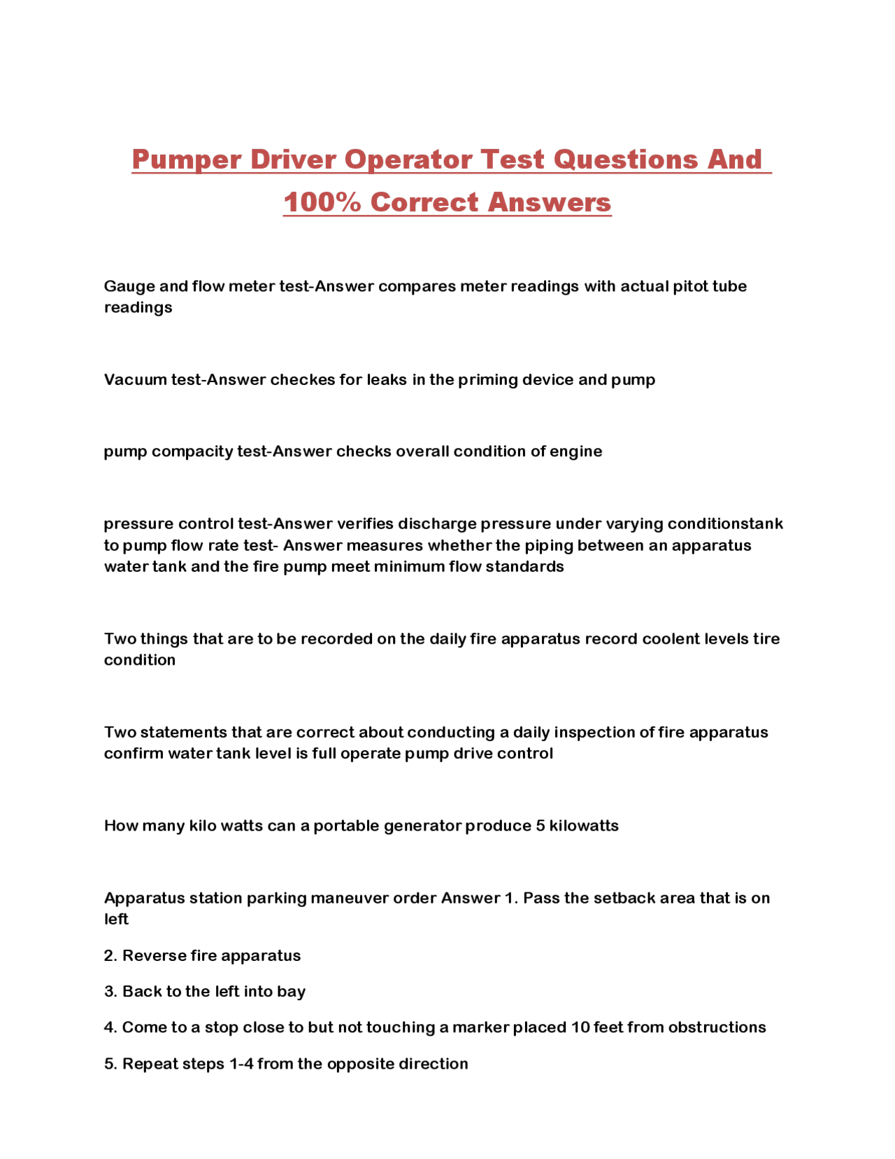 Pumper Driver Operator Test Questions And 100% Correct Answers | Exams ...