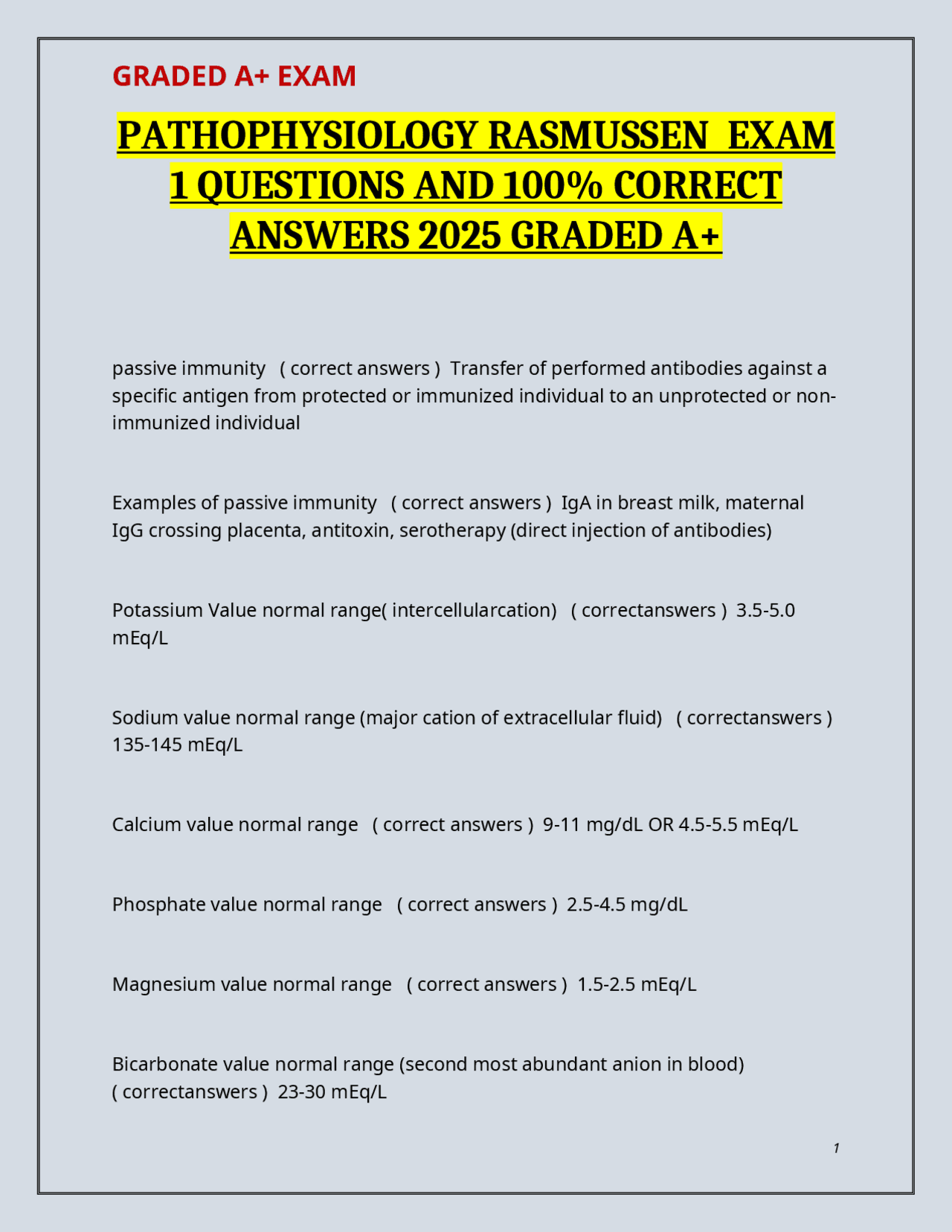 PATHOPHYSIOLOGY RASMUSSEN EXAM 1 QUESTIONS AND 100% CORRECT ANSWERS 2025 GRADED A+ | Exams ...