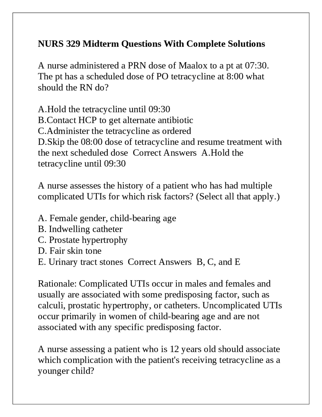 NURS 329 Midterm Questions With Complete Solutions. | Exams Nursing | Docsity