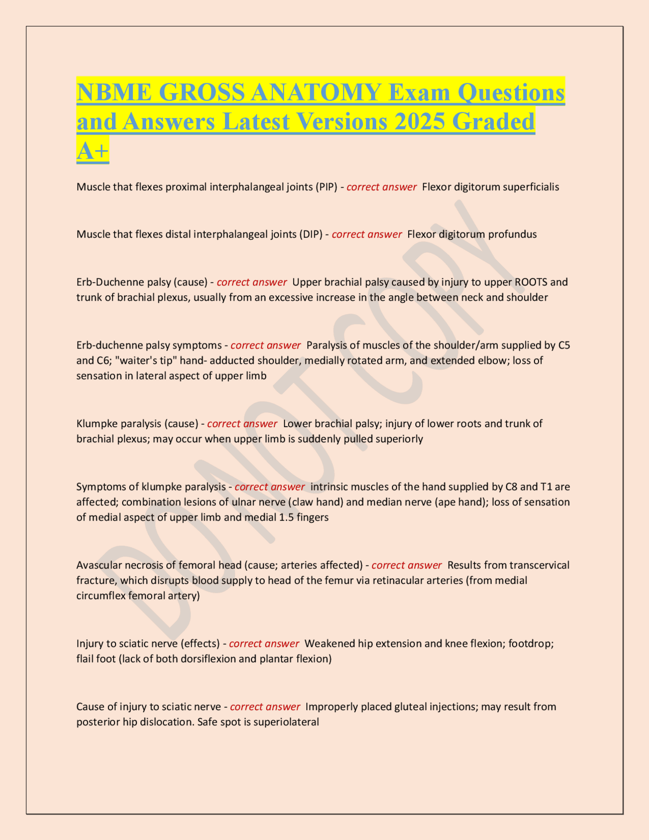 NBME GROSS ANATOMY Exam Questions and Answers Latest Versions 2025 ...