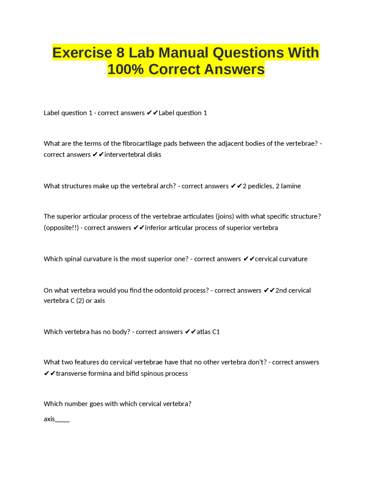 Exercise 8 Lab Manual Questions With 100% Correct Answers | Exams Laboratory Practices and ...