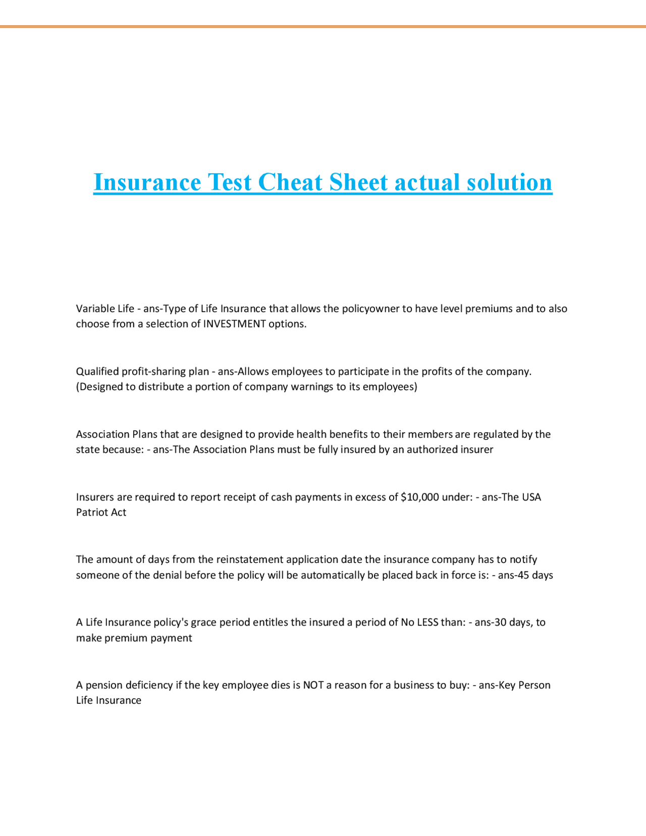 Insurance Test Cheat Sheet actual solution.pdf | Exams Nursing | Docsity