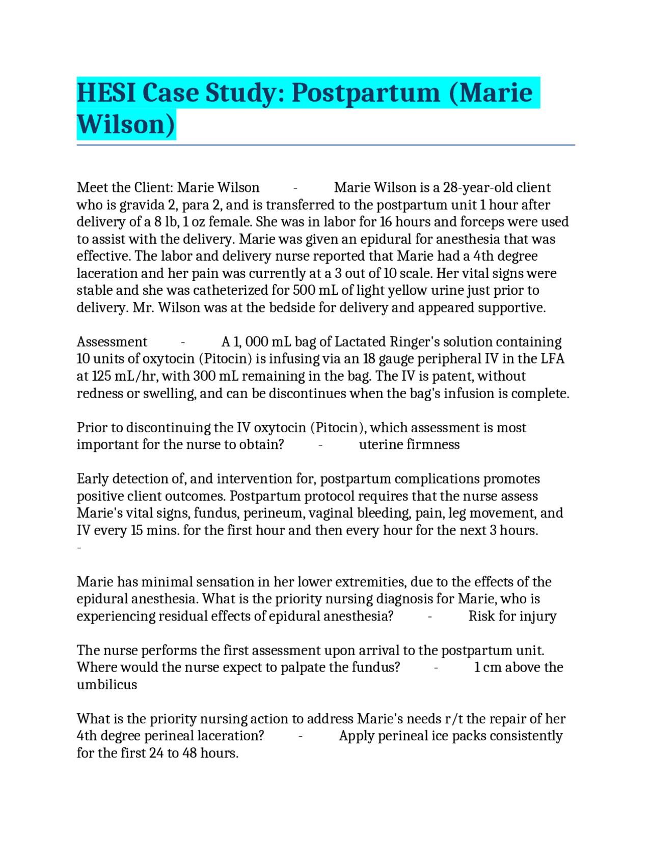 HESI Case Study: Postpartum (Marie Wilson) | Exams Public Health | Docsity