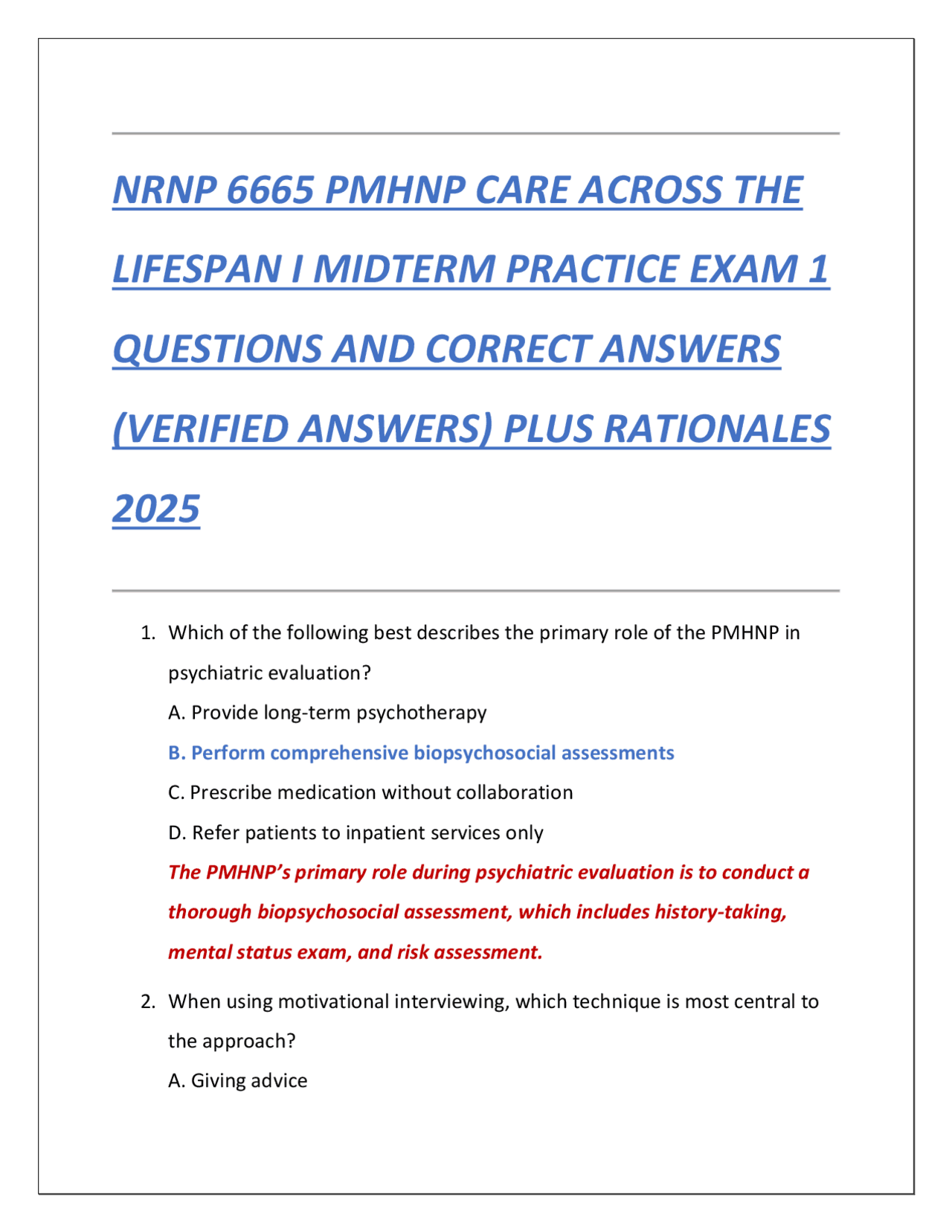 NRNP 6665 PMHNP CARE ACROSS THE LIFESPAN I MIDTERM PRACTICE EXAM 1 ...