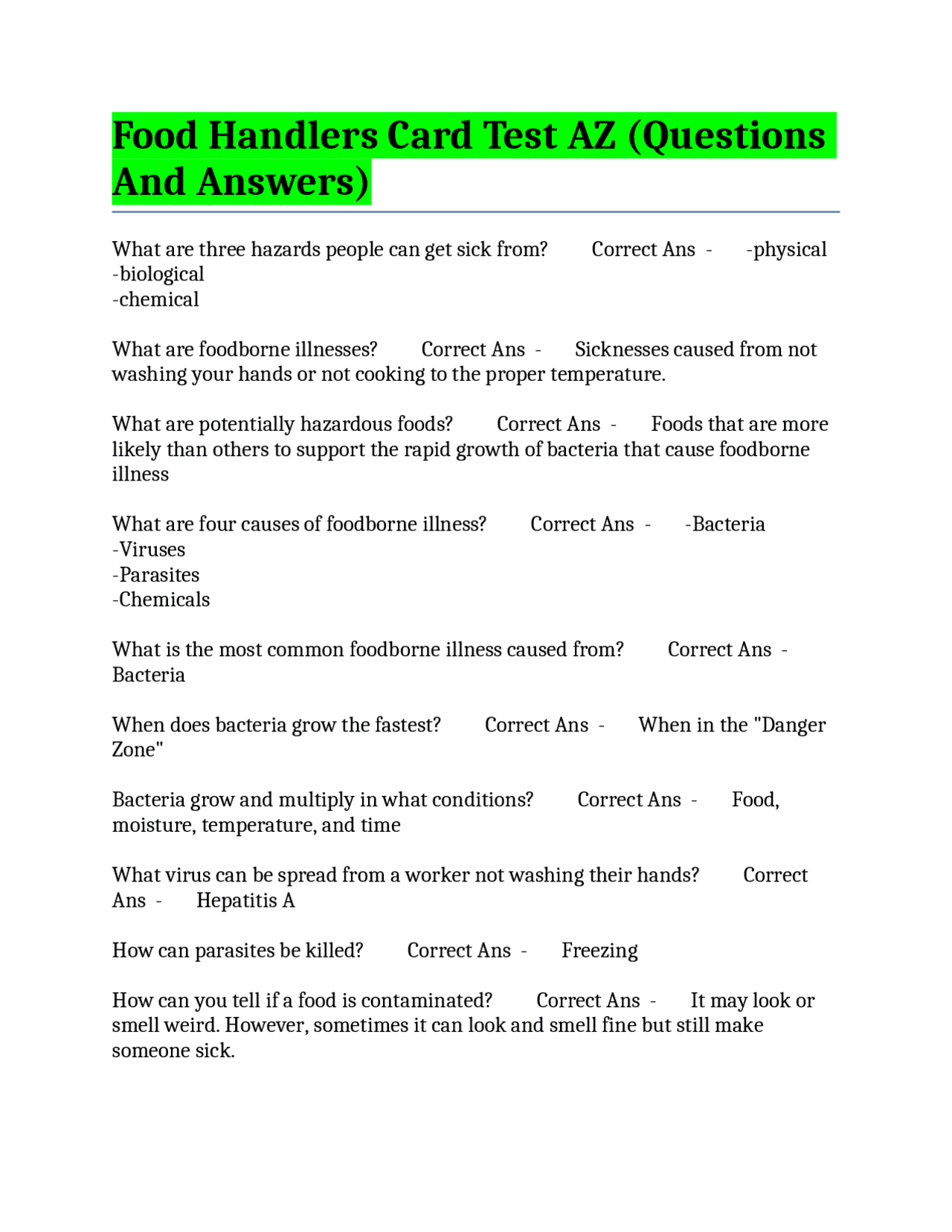 Food Handlers Card Test AZ (Questions And Answers) | Exams Nursing ...