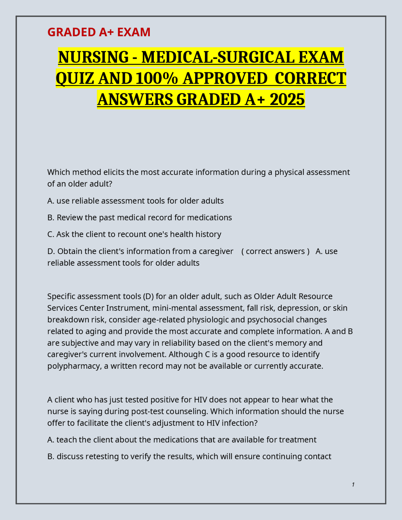 NURSING - MEDICAL-SURGICAL EXAM QUIZ AND 100% APPROVED CORRECT ANSWERS ...