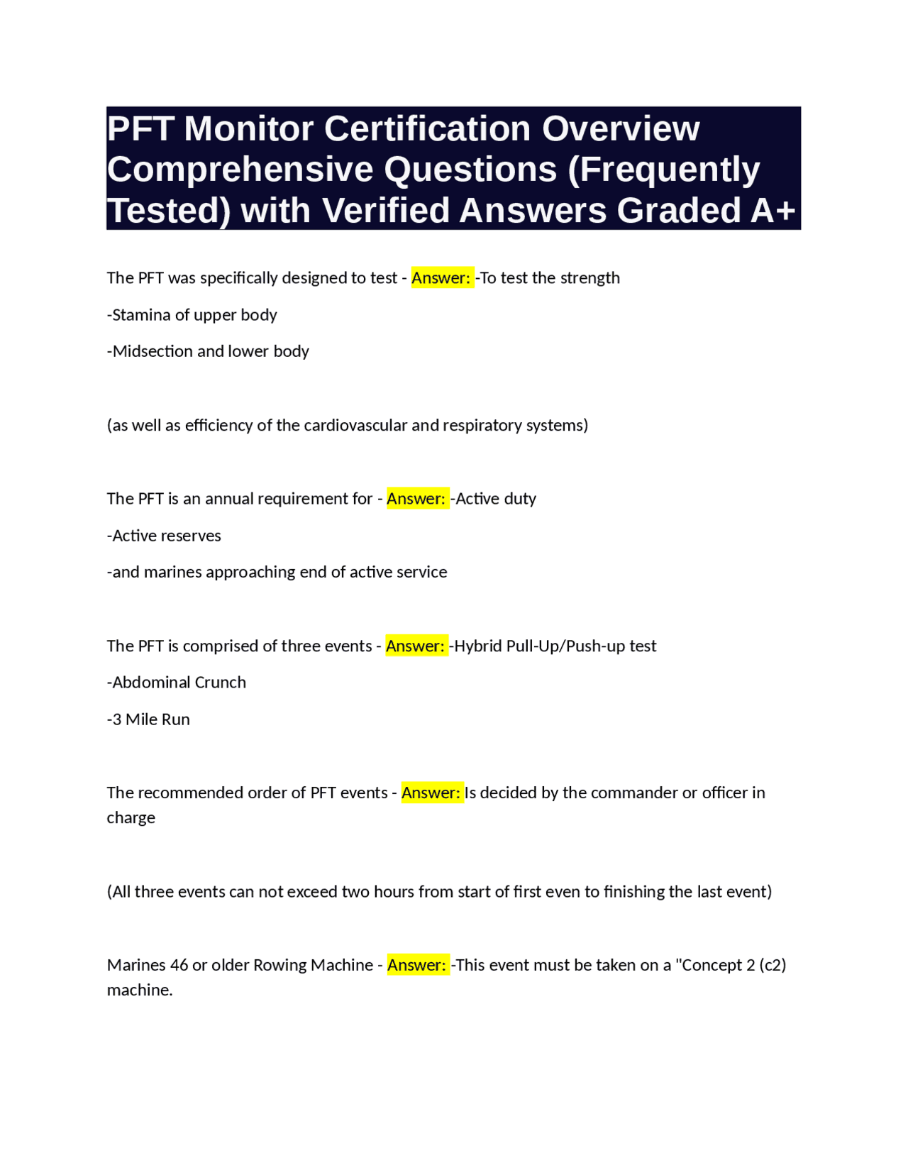 PFT Monitor Certification Overview Comprehensive Questions (Frequently ...