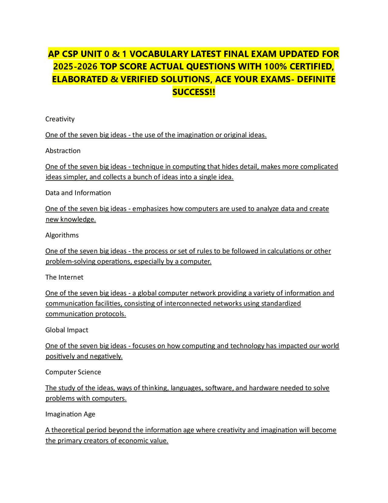 AP CSP UNIT 0 & 1 VOCABULARY LATEST FINAL EXAM UPDATED FOR 2025-2026 ...