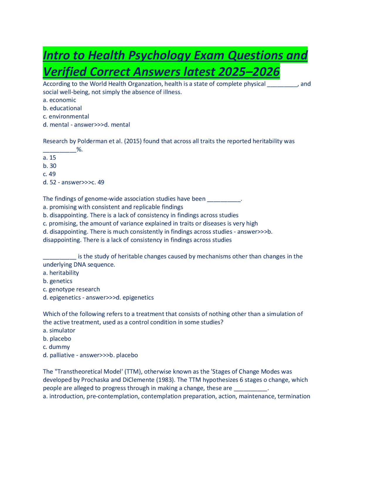 Intro to Health Psychology Exam Questions and Verified Correct Answers ...