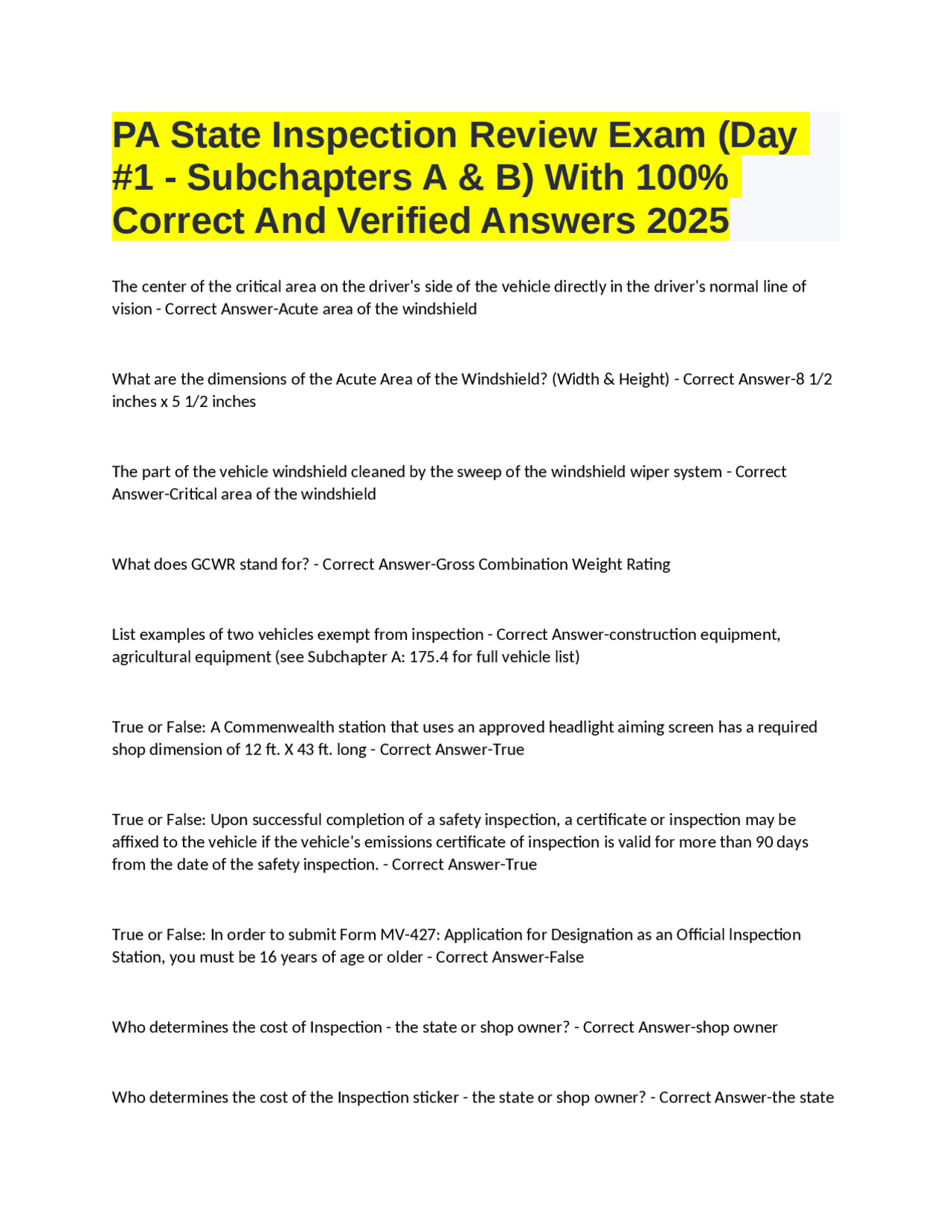 PA State Inspection Review Exam (Day #1 - Subchapters A & B) With 100% ...