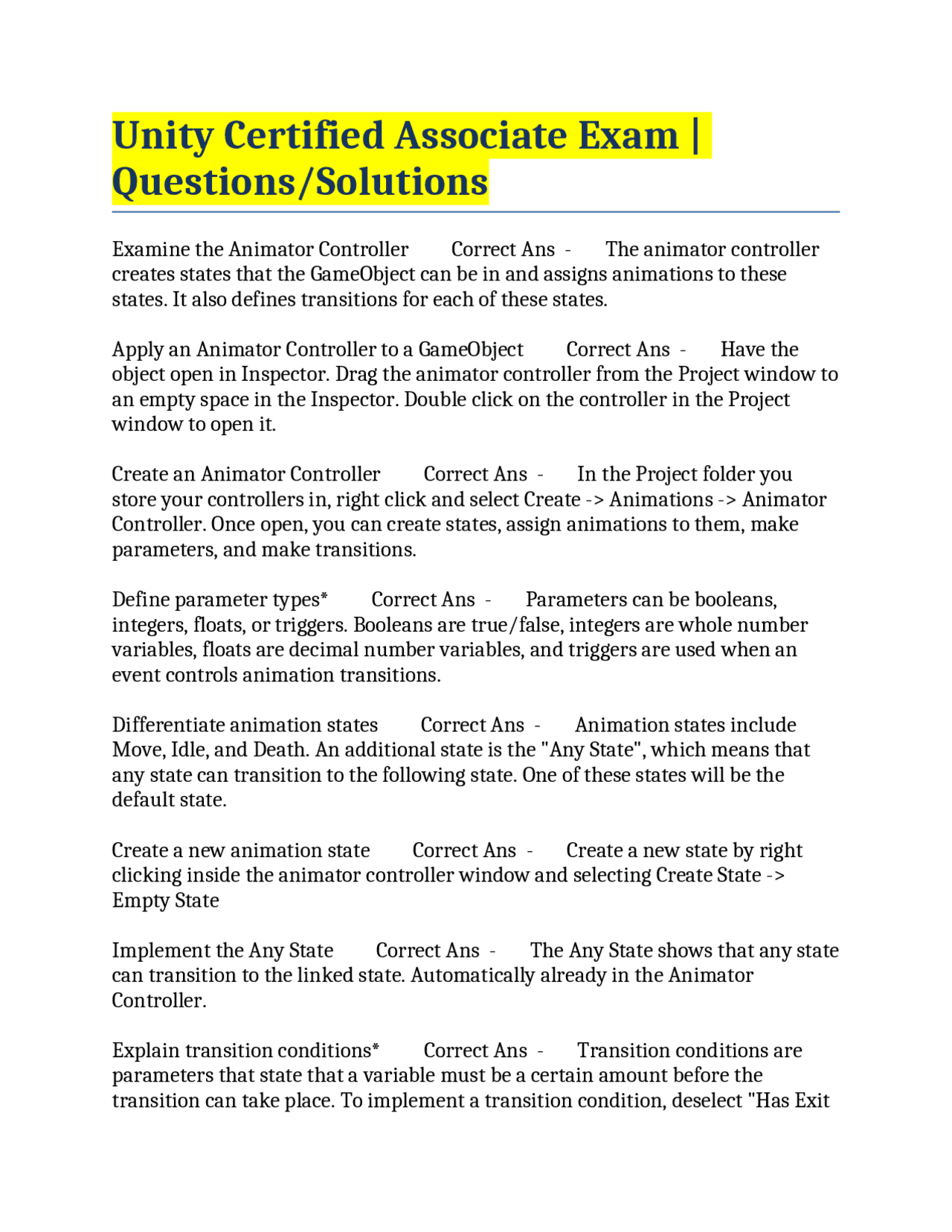 Unity Certified Associate Exam Questions Solutions Exams Public Health Docsity