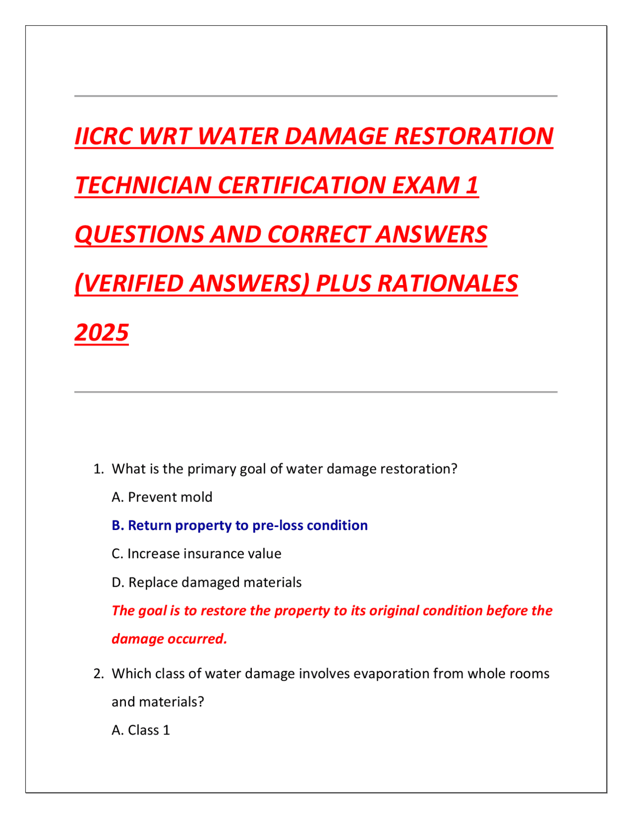 IICRC WRT WATER DAMAGE RESTORATION TECHNICIAN CERTIFICATION EXAM 1 ...