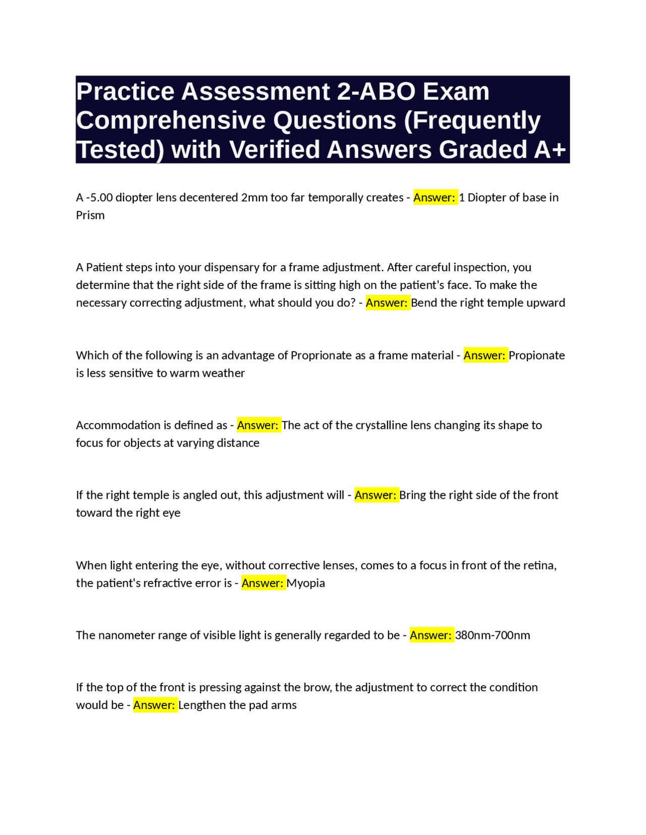 Practice Assessment 2-ABO Exam Comprehensive Questions (Frequently ...