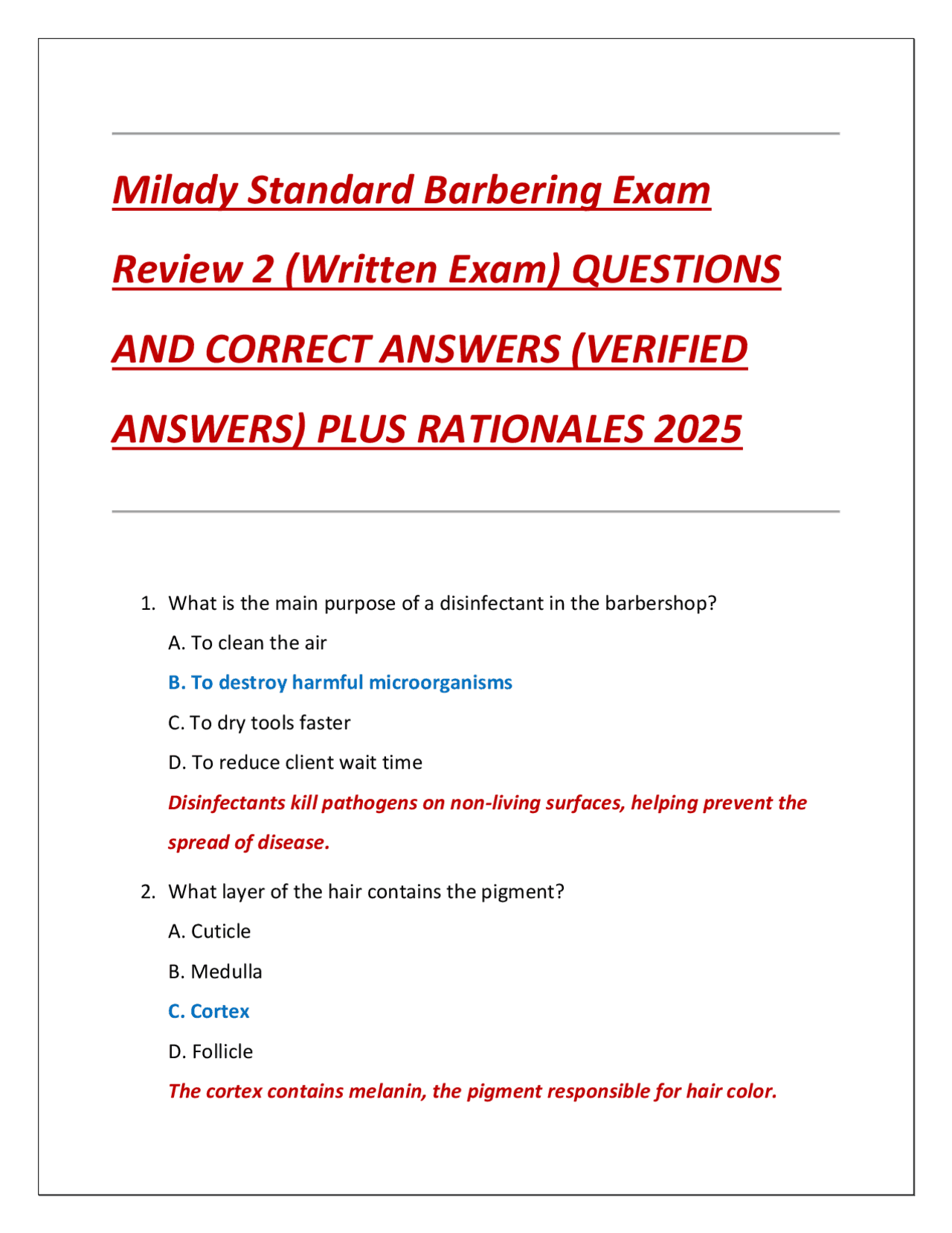 Milady Standard Barbering Exam Review 2 (Written Exam) QUESTIONS AND ...
