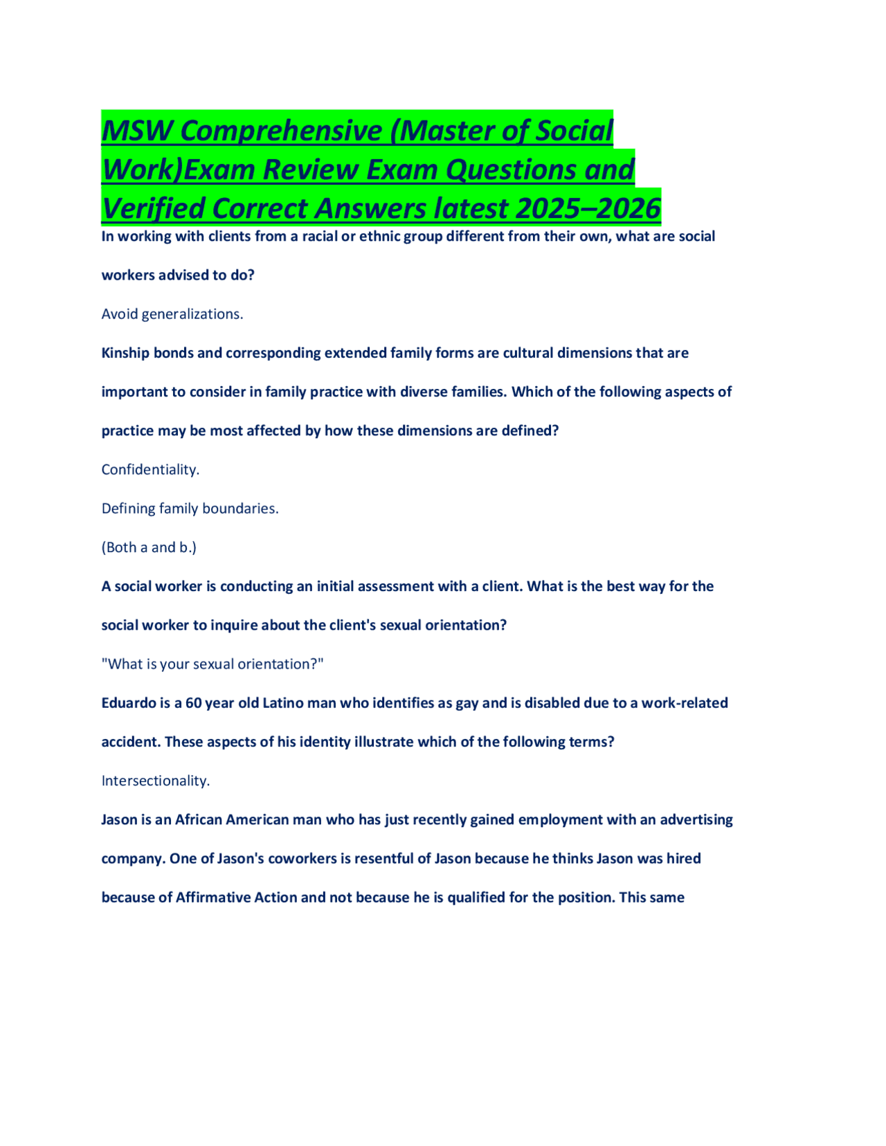 MSW Comprehensive (Master of Social Work)Exam Review Exam Questions and ...