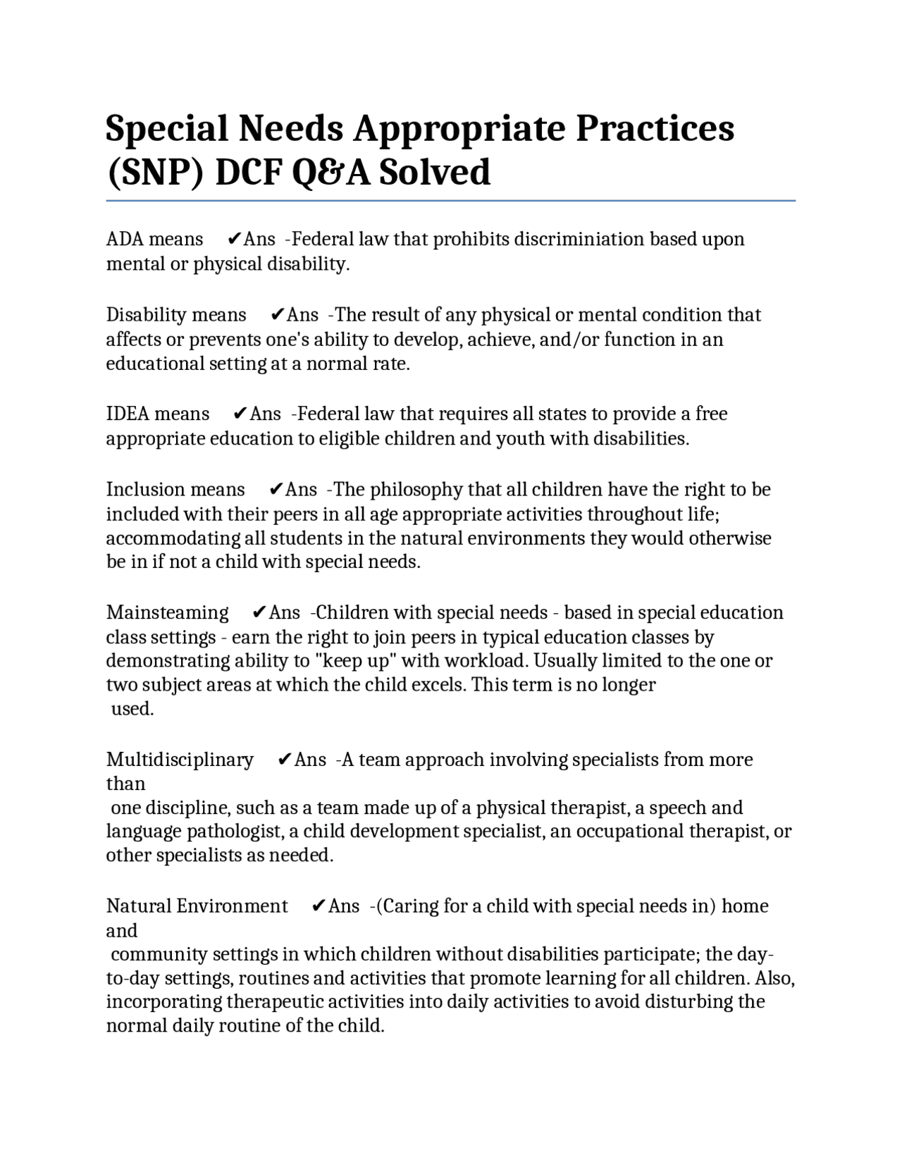 Special Needs Appropriate Practices (SNP) DCF Q&A Solved | Exams Public ...