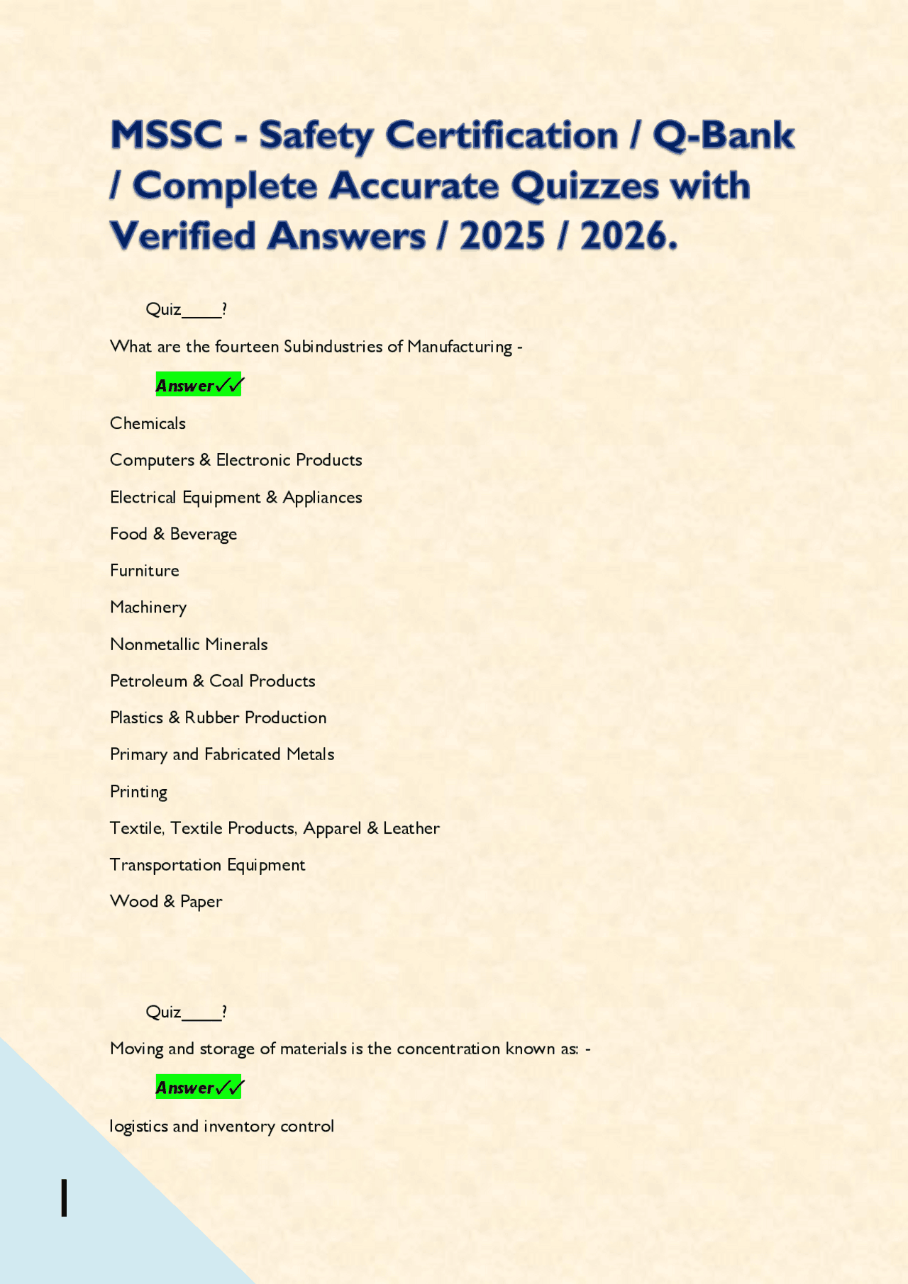 MSSC - Safety Certification / Q-Bank / Complete Accurate Quizzes with ...