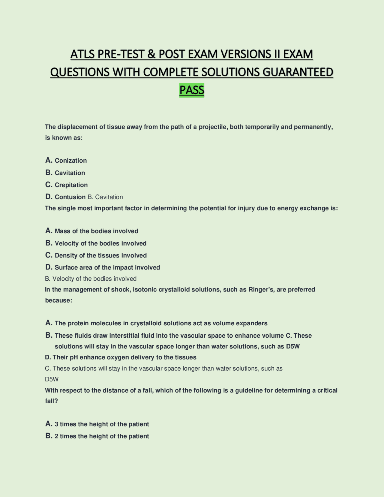 ATLS PRE-TEST & POST EXAM VERSIONS II EXAM QUESTIONS WITH COMPLETE ...