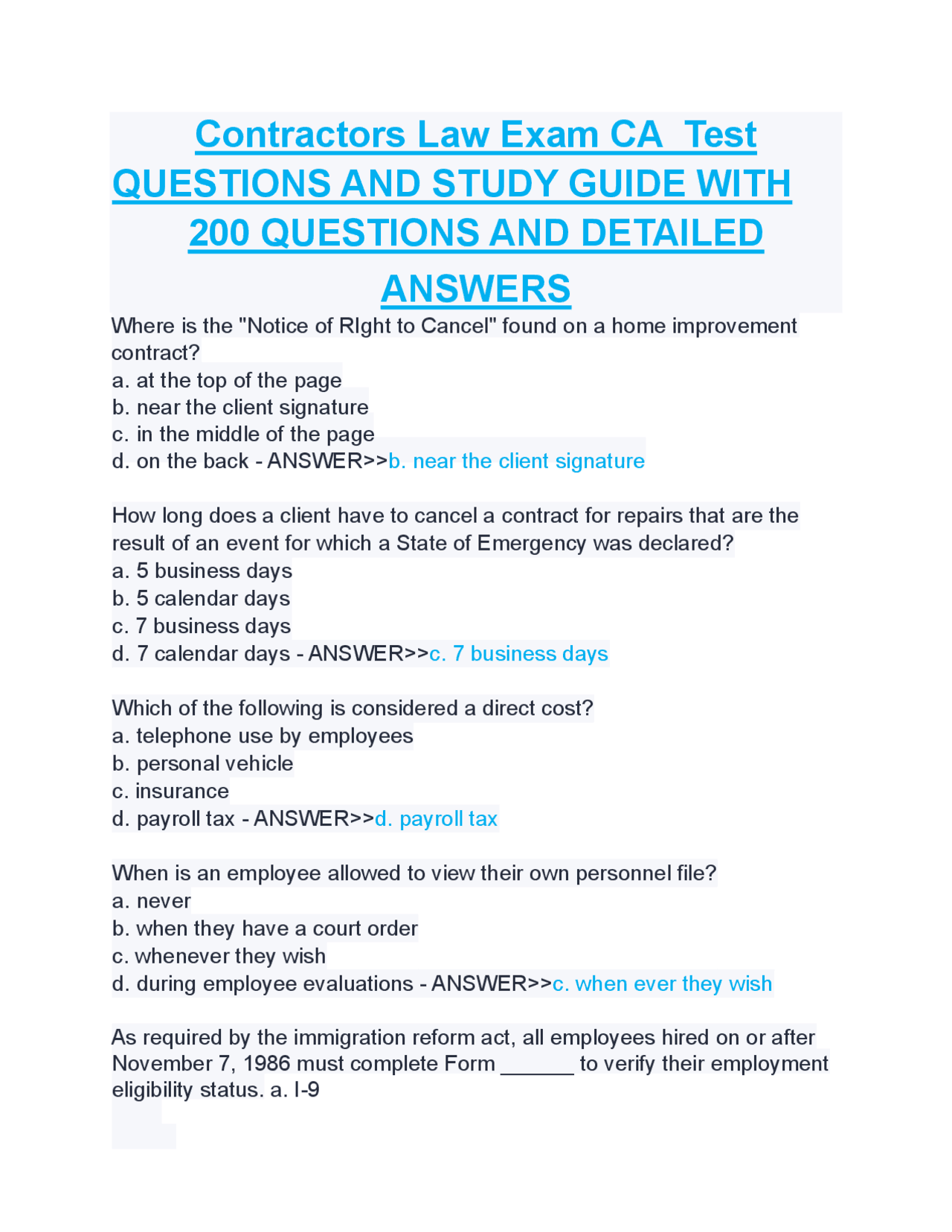 Contractors Law Exam CA: Q&A Study Guide | Exams Nursing | Docsity