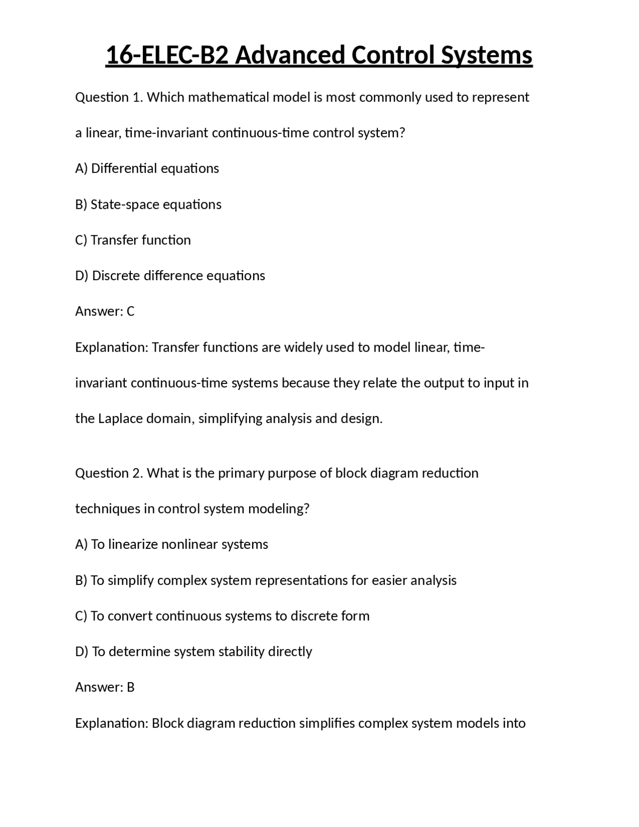 16-ELEC-B2 Advanced Control Systems | Exams Technology | Docsity