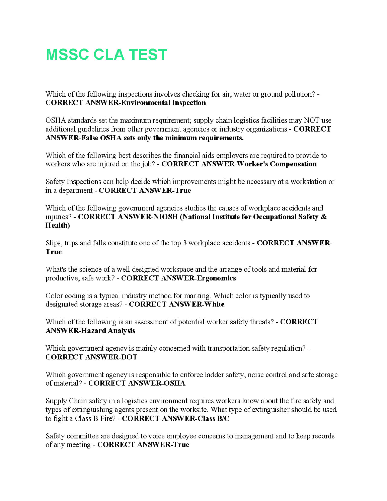 MSSC CLA TEST UPDATED QUESTIONS WITH COMPLETE ANSWERS!! | Exams ...