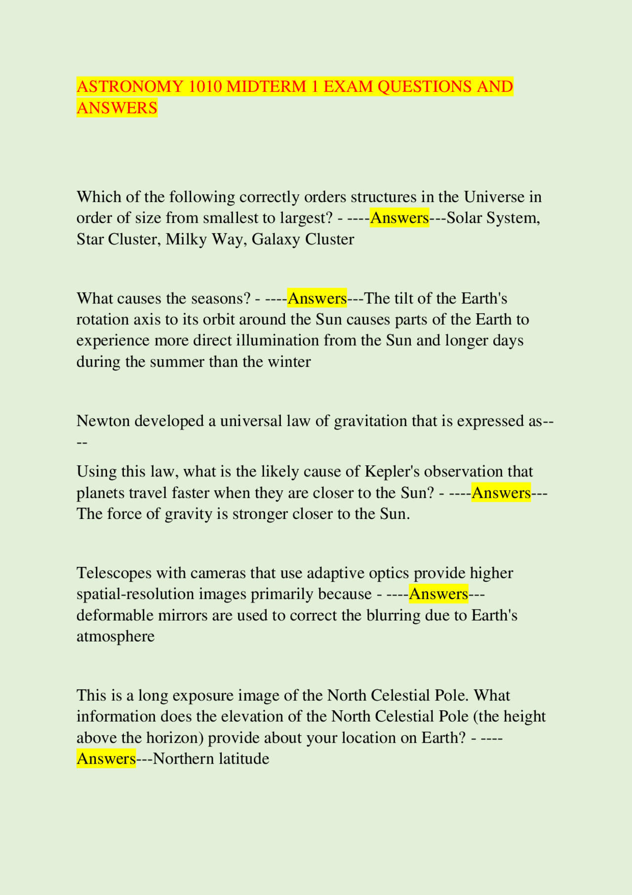 Astronomy 1010 Midterm 1 Exam: Questions and Answers | Exams Astronomy ...