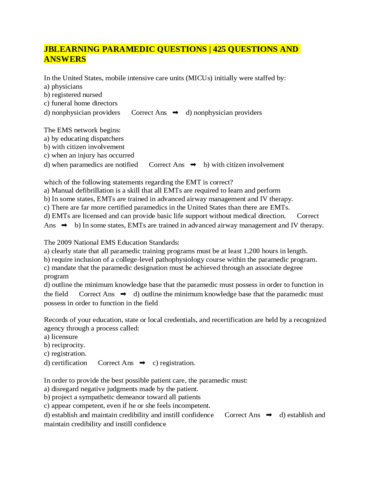 JBLEARNING PARAMEDIC QUESTIONS | 425 QUESTIONS AND ANSWERS | Exams ...