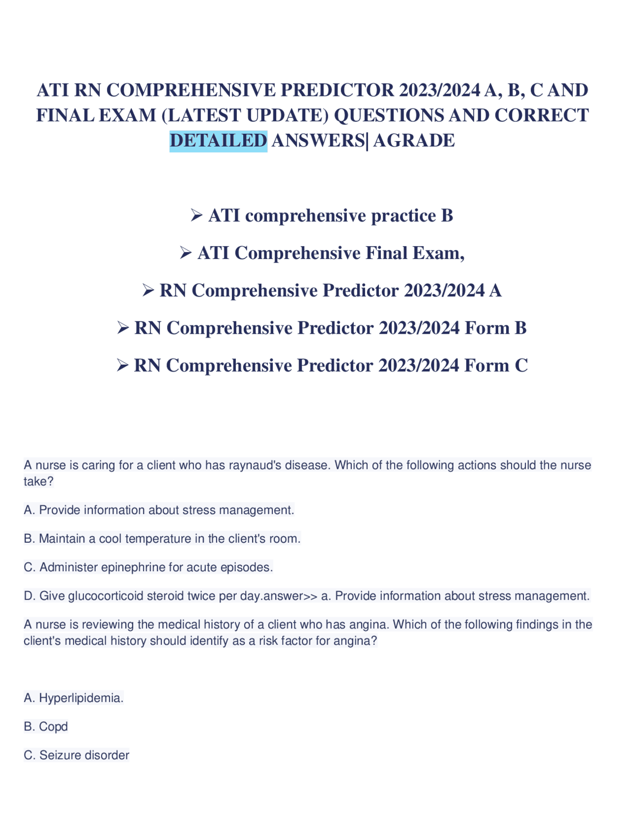 ATI RN COMPREHENSIVE PREDICTOR 2023/2024 A, B, C AND FINAL EXAM (LATEST ...