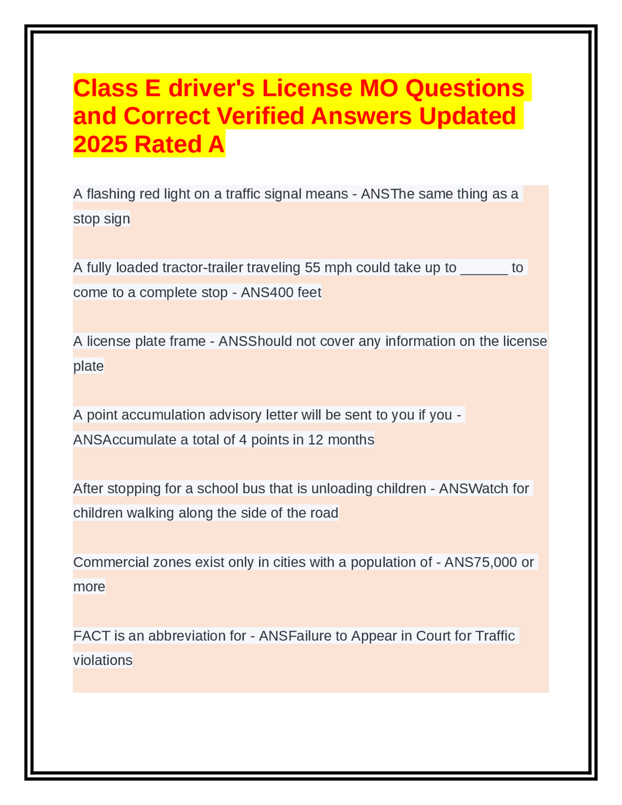 Class E driver's License MO Questions and Correct Verified Answers ...