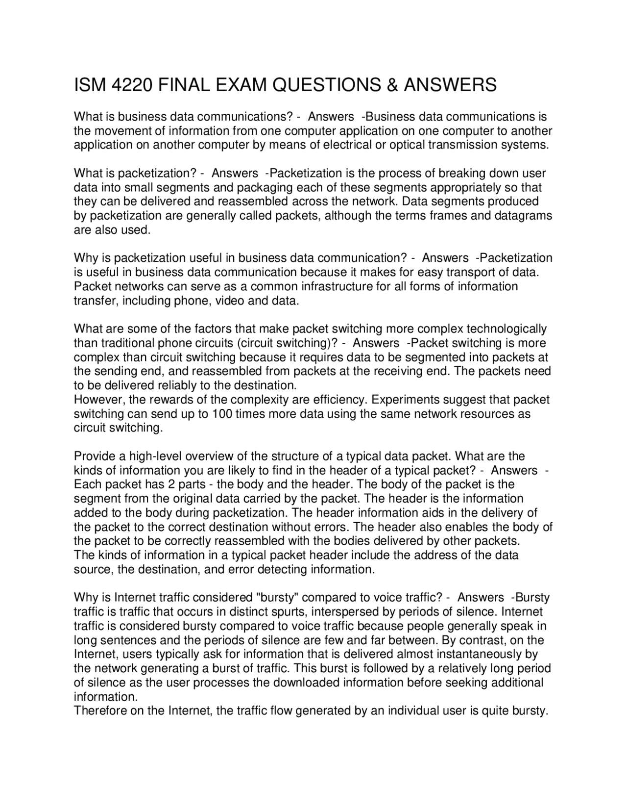 ISM 4220 FINAL EXAM QUESTIONS & ANSWERS | Exams Social Sciences | Docsity