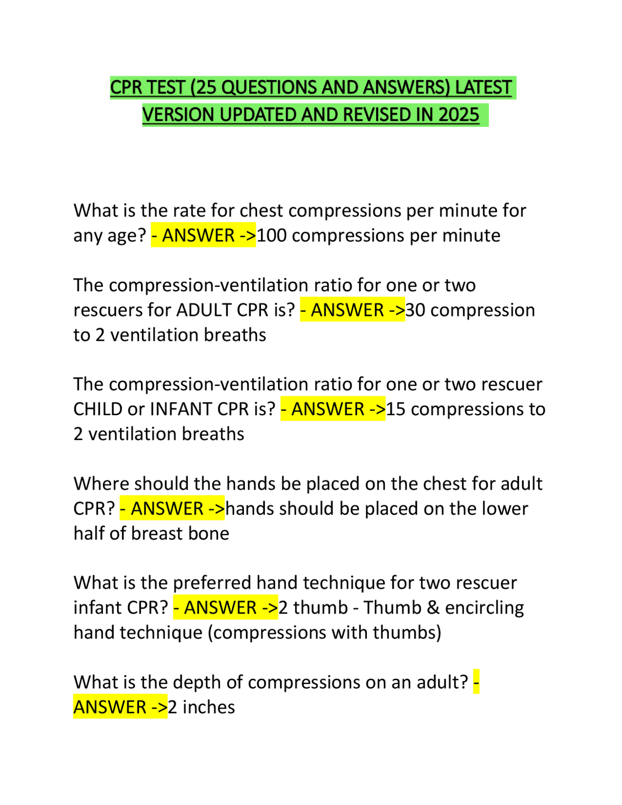 CPR TEST (25 QUESTIONS AND ANSWERS) LATEST VERSION UPDATED AND REVISED ...