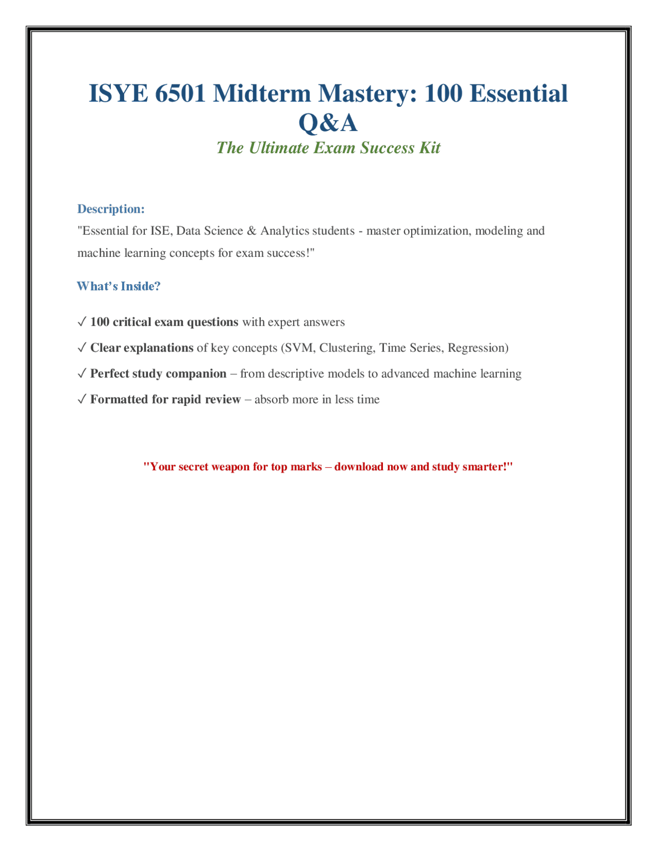 Ace ISYE 6501 Midterm: Ultimate 100-Point Cheat Sheet | Exams Industrial Engineering | Docsity