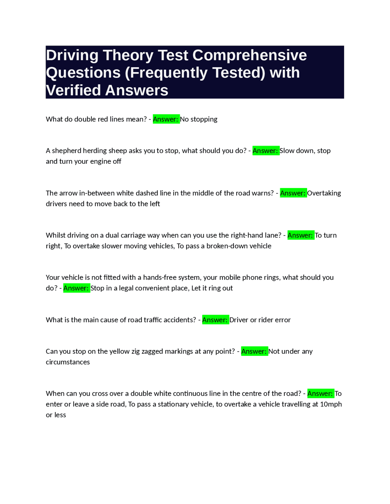 Driving Theory Test Comprehensive Questions (Frequently Tested) with ...
