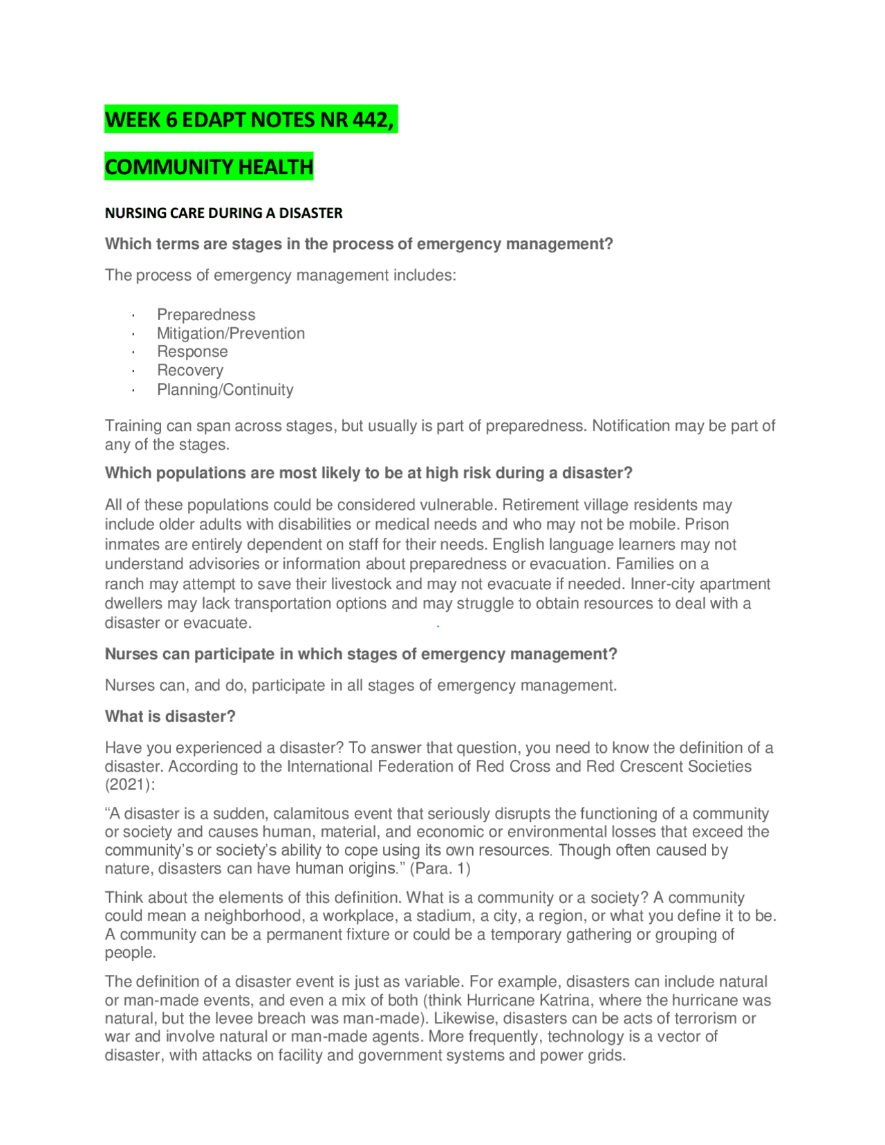 WEEK 6 EDAPT NOTES NR 442, COMMUNITY HEALTH | Papers Nursing | Docsity