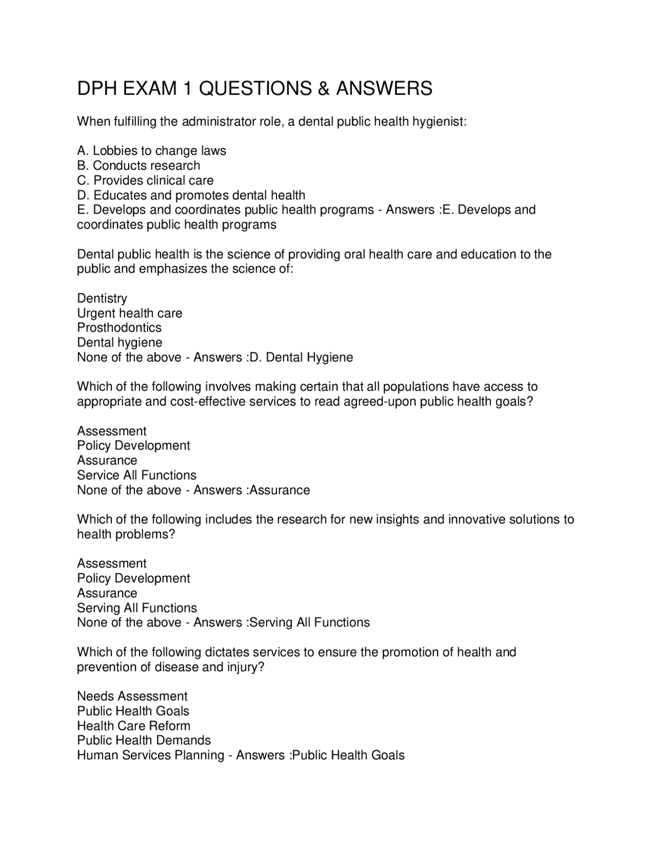 DPH EXAM 1 QUESTIONS & ANSWERS | Exams Social Sciences | Docsity