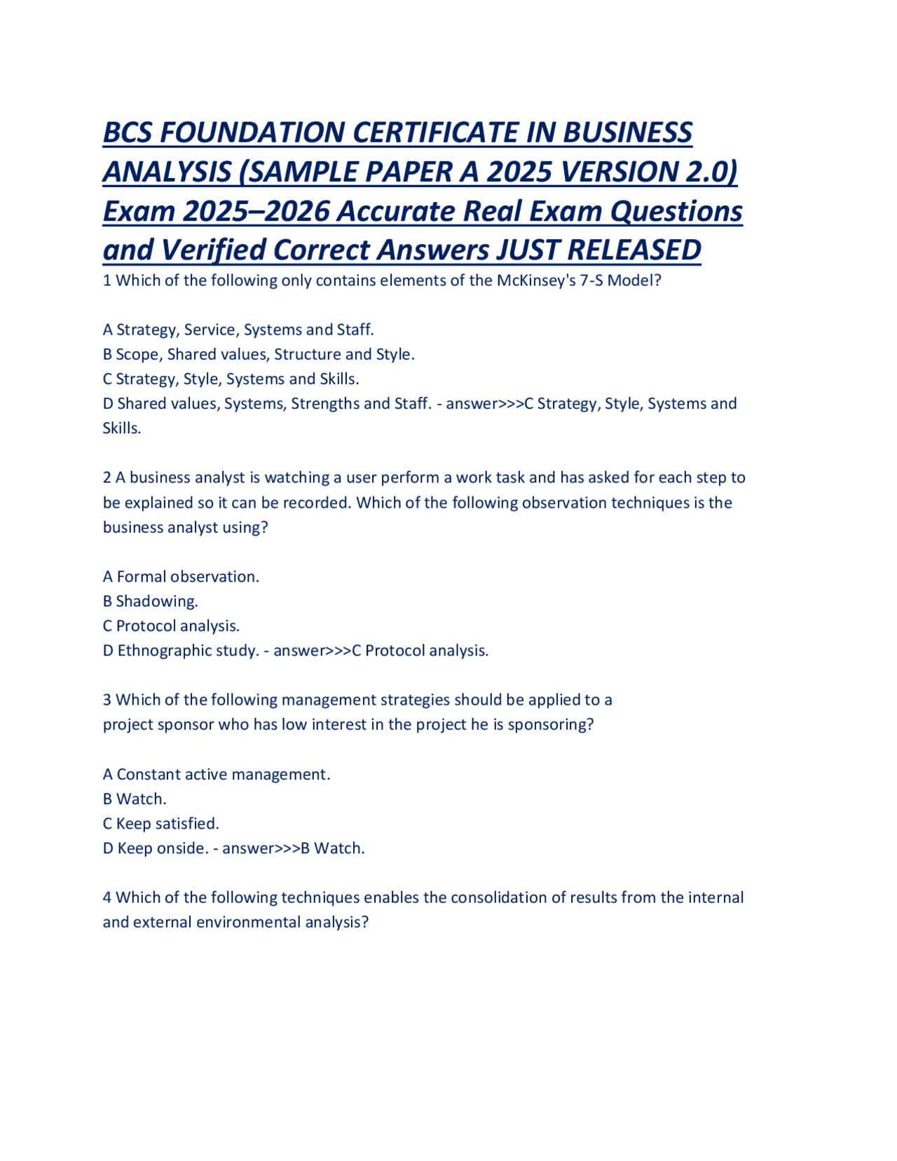 BCS FOUNDATION CERTIFICATE IN BUSINESS ANALYSIS (SAMPLE PAPER A 2025 ...