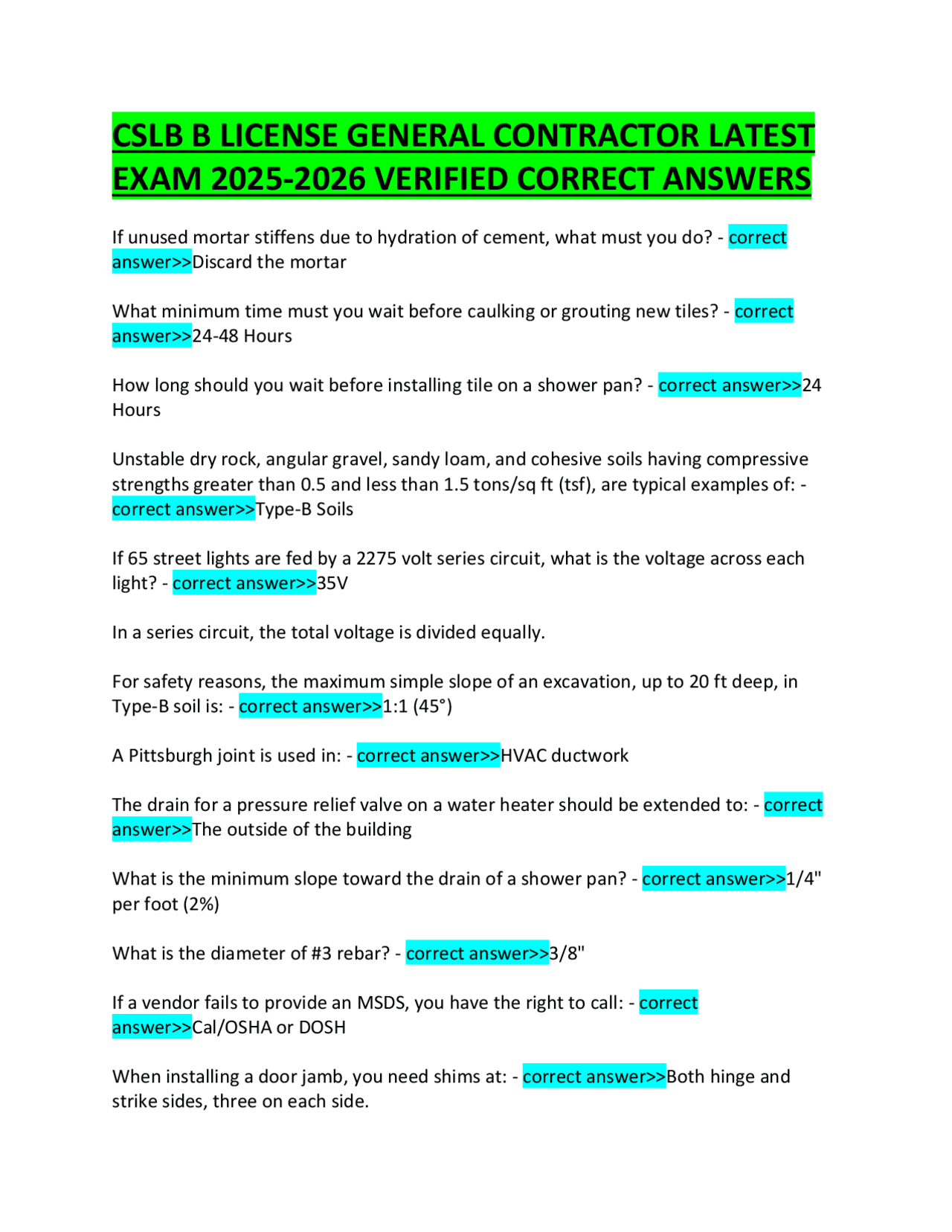 CSLB B LICENSE GENERAL CONTRACTOR LATEST EXAM 2025-2026 VERIFIED ...