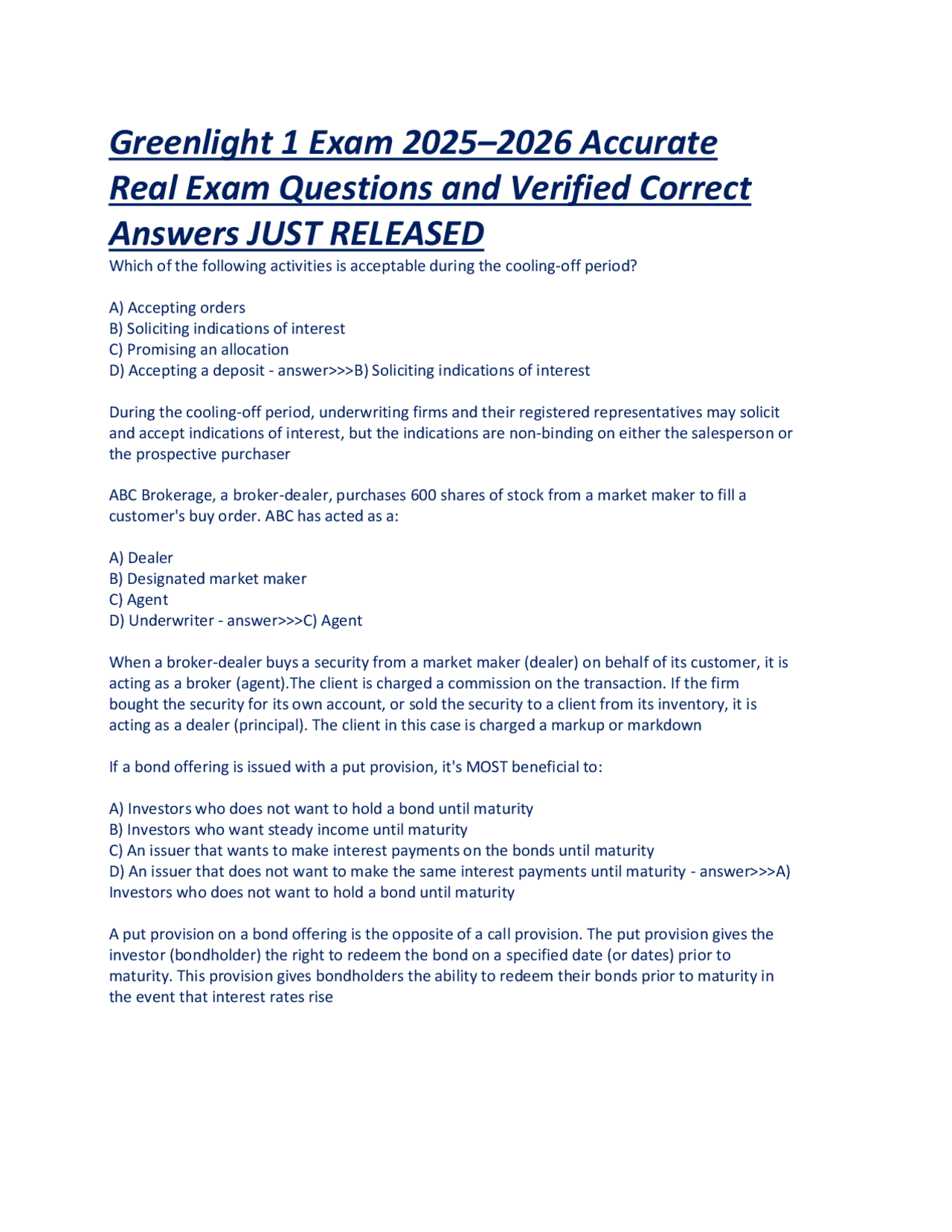 Greenlight 1 Exam 2025–2026 Accurate Real Exam Questions and Verified Correct Answers JUST ...