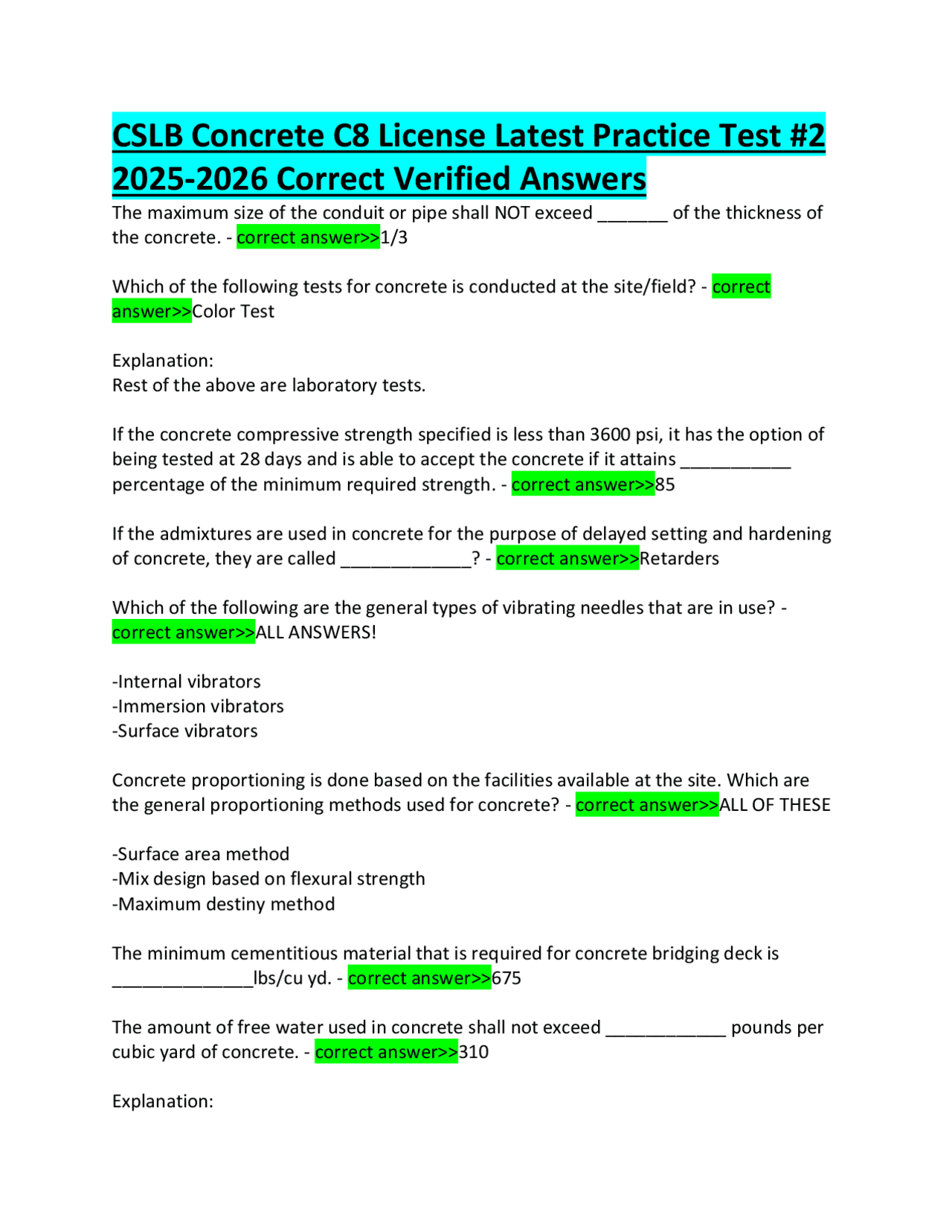 CSLB Concrete C8 License Latest Practice Test #2 2025-2026 Correct ...