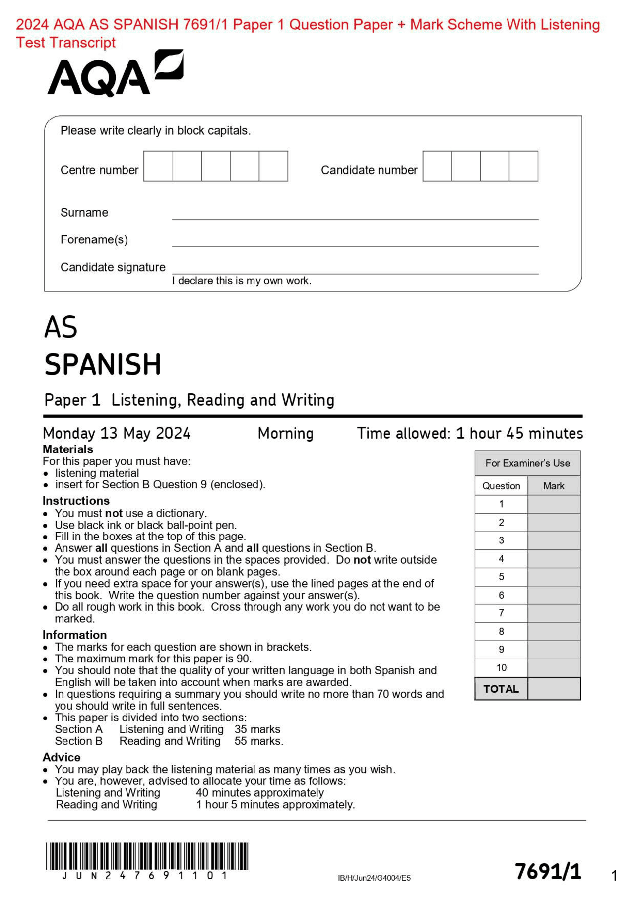 . 2024 AQA AS SPANISH 7691/1 Paper 1 Question Paper + Mark Scheme With ...