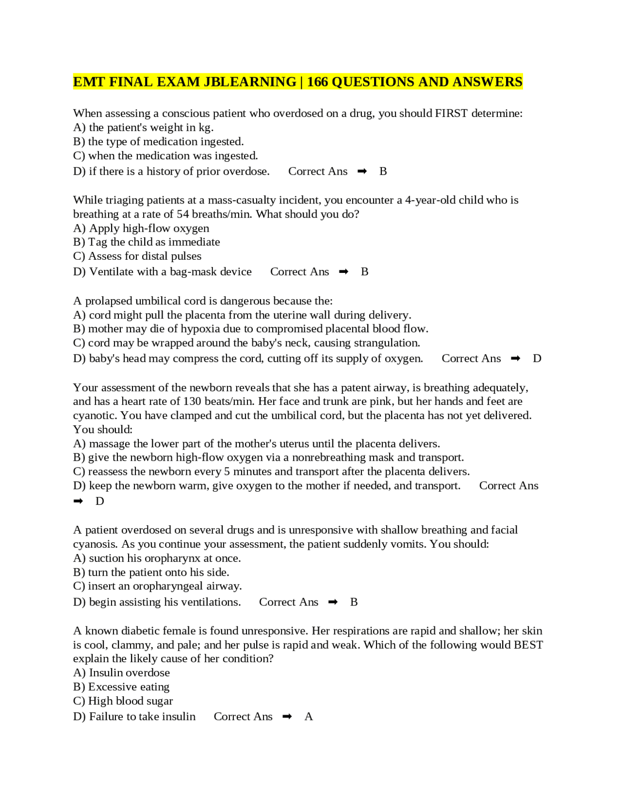 EMT Final Exam: 166 Questions and Answers for Certification Prep ...