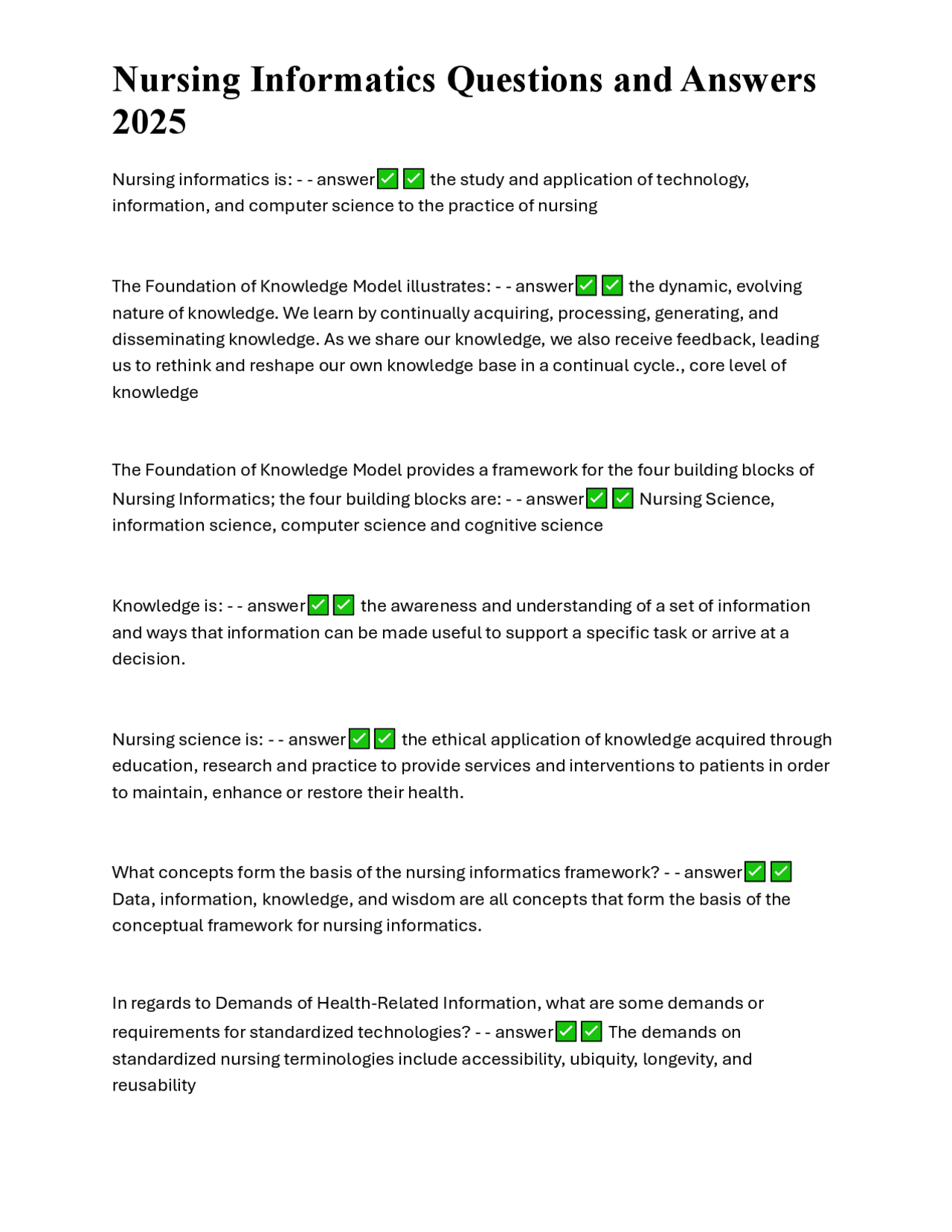 Nursing Informatics Questions and Answers 2025 | Exams Nursing | Docsity