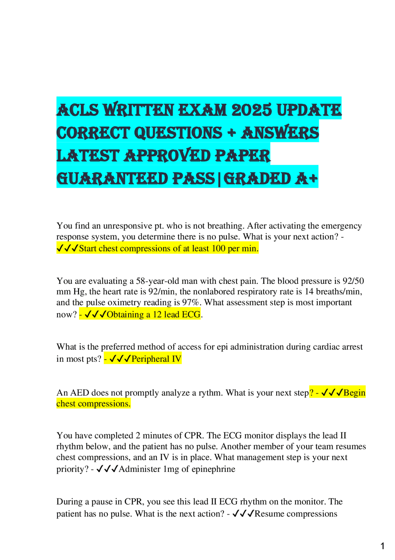 ACLS Written Exam 2025 UPDATE CORRECT QUESTIONS + ANSWERS LATEST ...