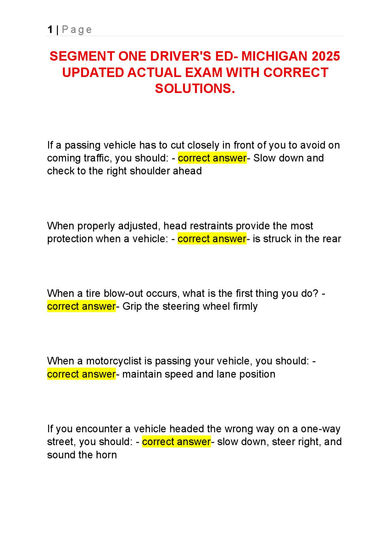 SEGMENT ONE DRIVER'S ED- MICHIGAN 2025 UPDATED ACTUAL EXAM WITH CORRECT ...