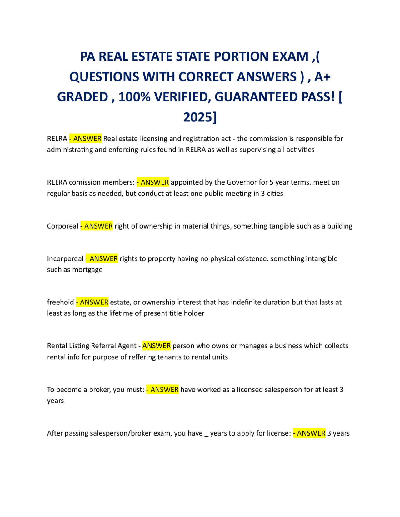 PA REAL ESTATE STATE PORTION EXAM ,( QUESTIONS WITH CORRECT ANSWERS ...