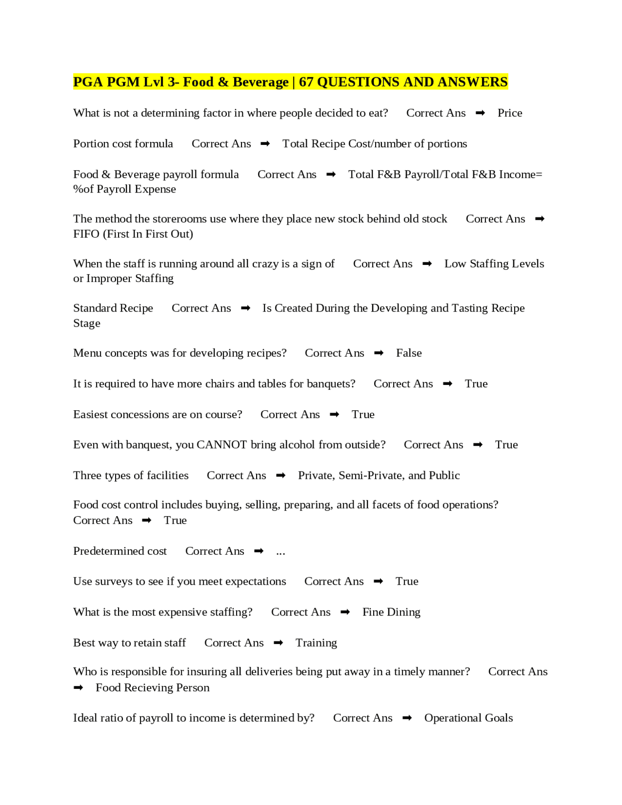PGA PGM Lvl 3- Food & Beverage | 67 QUESTIONS AND ANSWERS | Exams ...